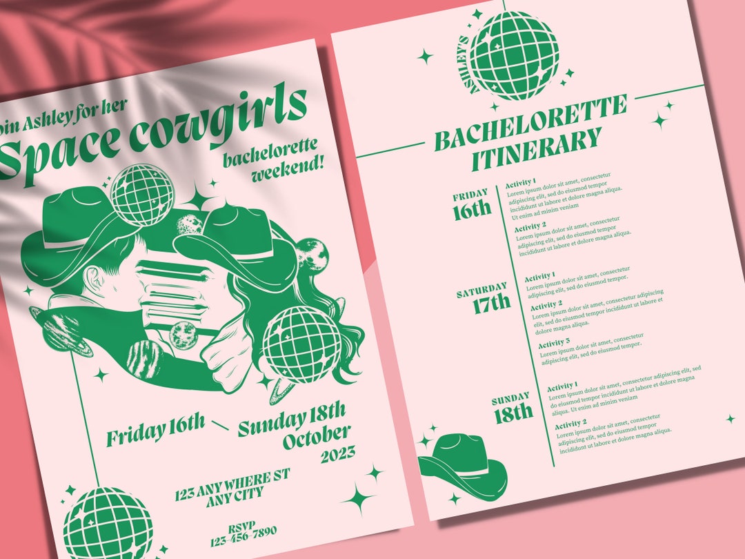 Retro Space Cowgirl Bachelorette Invitation & Itinerary (canva Template ...