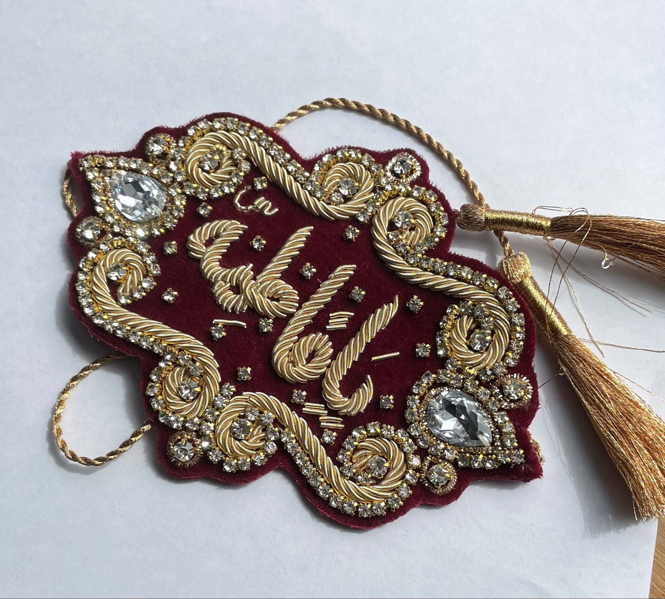 Imam Zamin Maroon & Dull Gold Velvet Hand Embroidered With Words Ya Ali ...