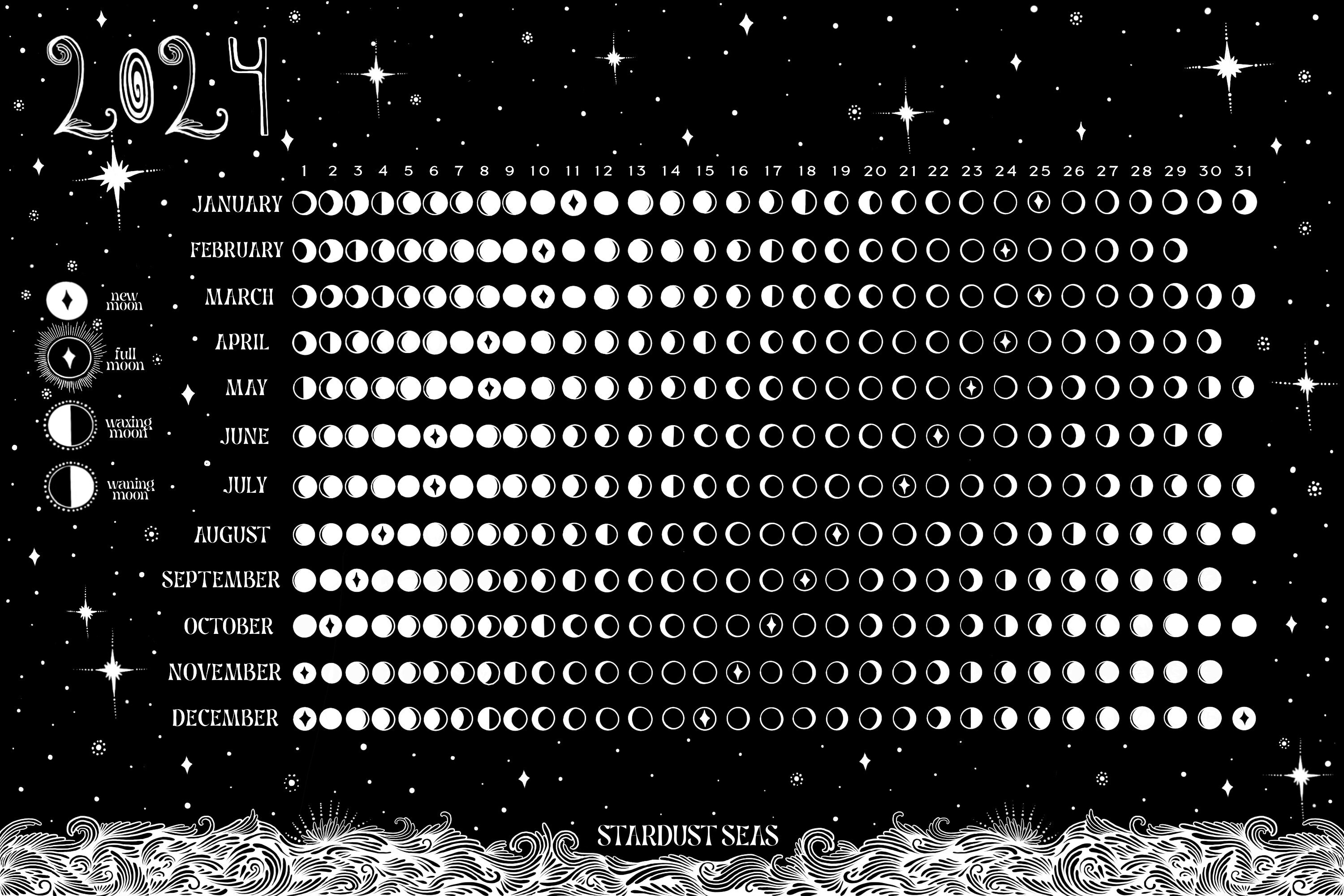 2024 Lunar Calendar Printable Hand Drawn Moon Phases Calendar