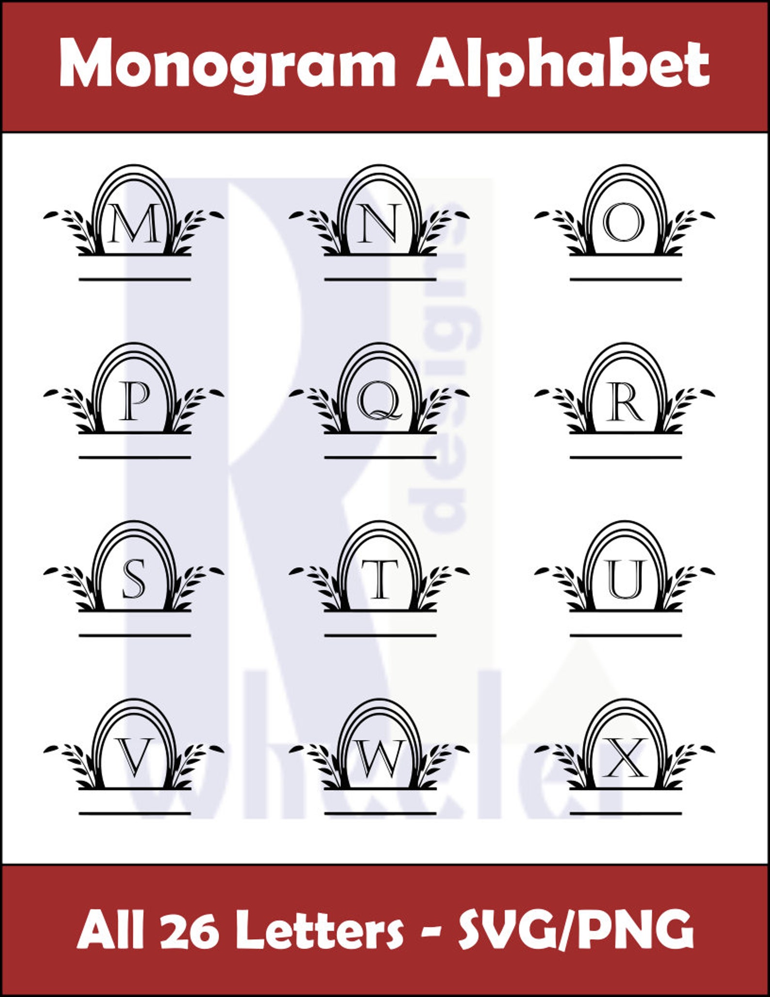 Oval Ivy Split Monogram Alphabet - Split Monogram SVG/PNG, Bundle Split ...