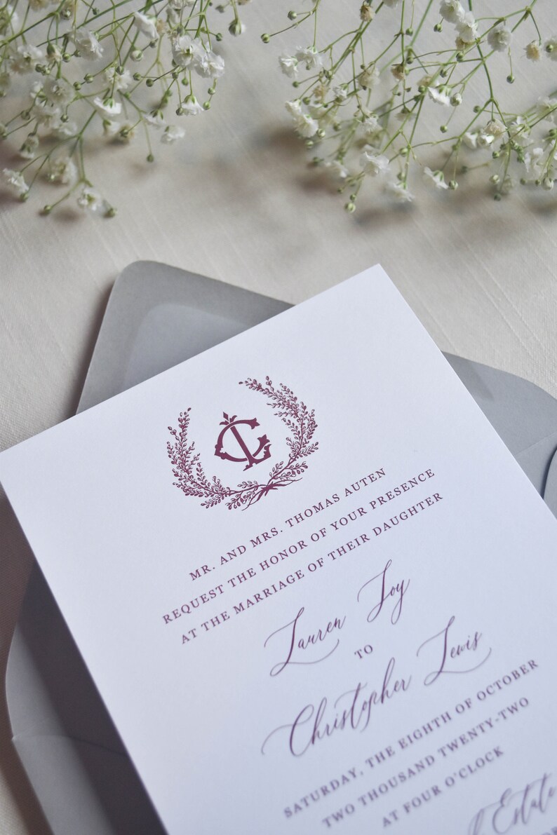 Monogram Crest Wedding Invitations With RSVP Card, Calligraphy Monogram ...