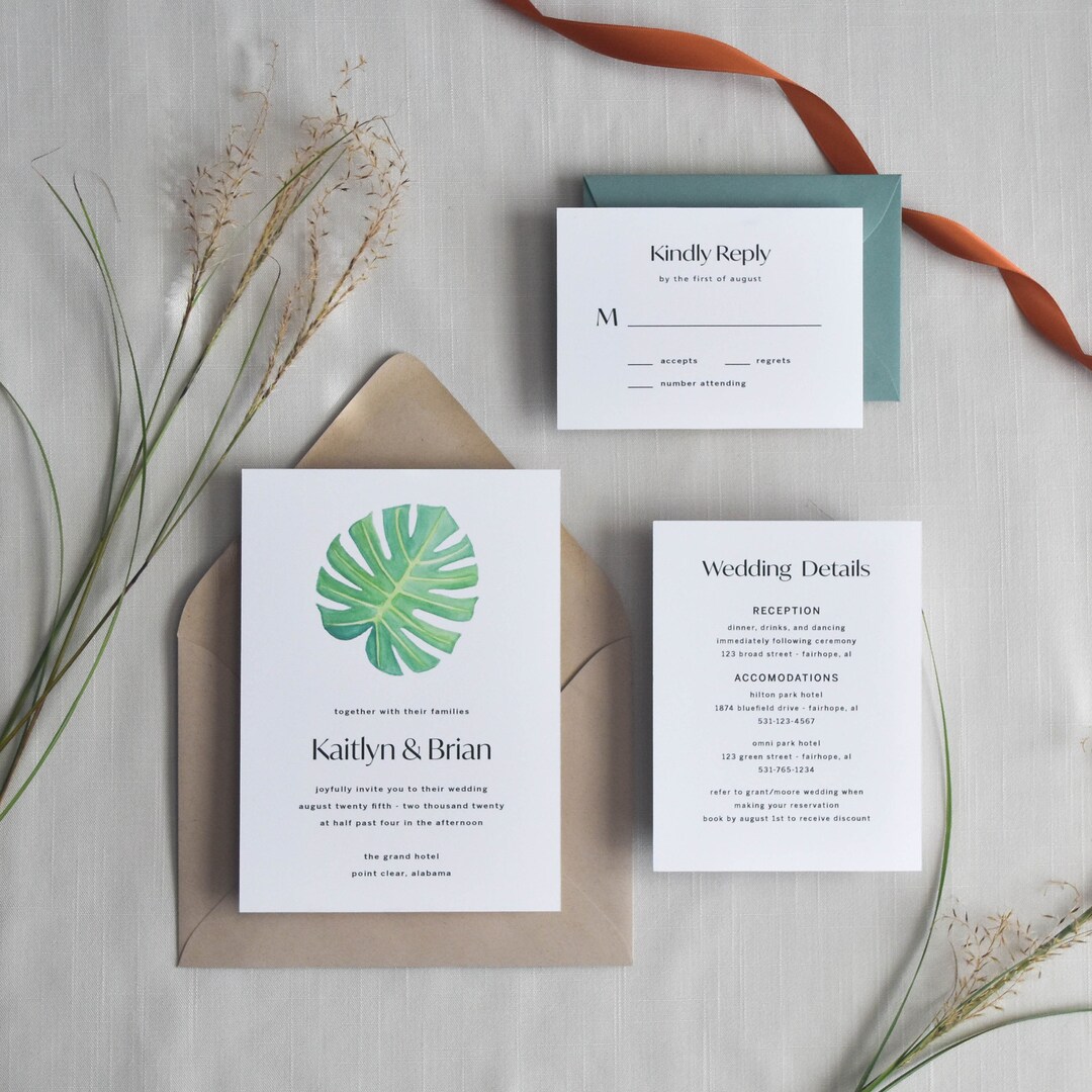 Monstera Wedding Invite, Tropical Watercolor Wedding Invitation With ...