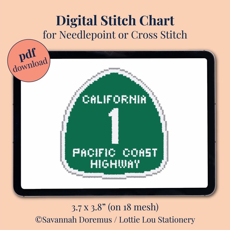 Highway 1 DIGITAL DOWNLOAD Needlepoint Chart, Cross Stitch Pattern of ...