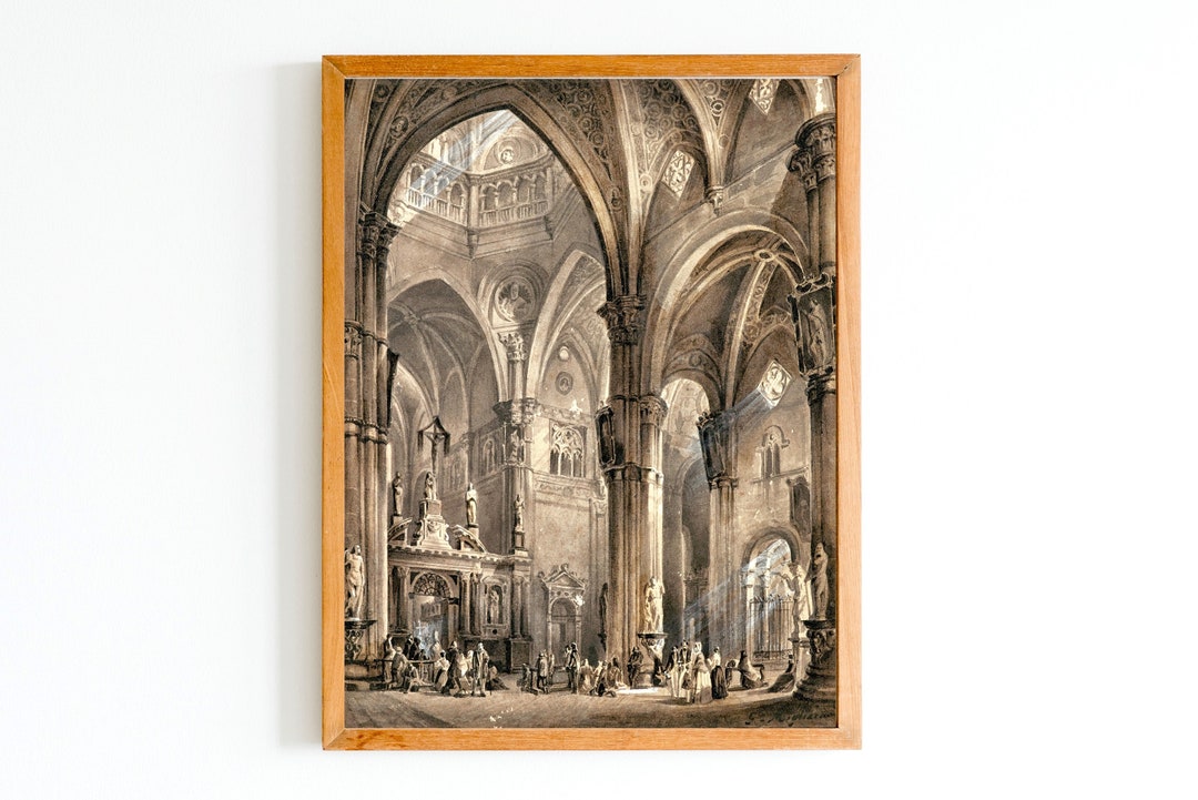 ART PRINT | Vintage Church Interior Oil Painting | Medieval ...