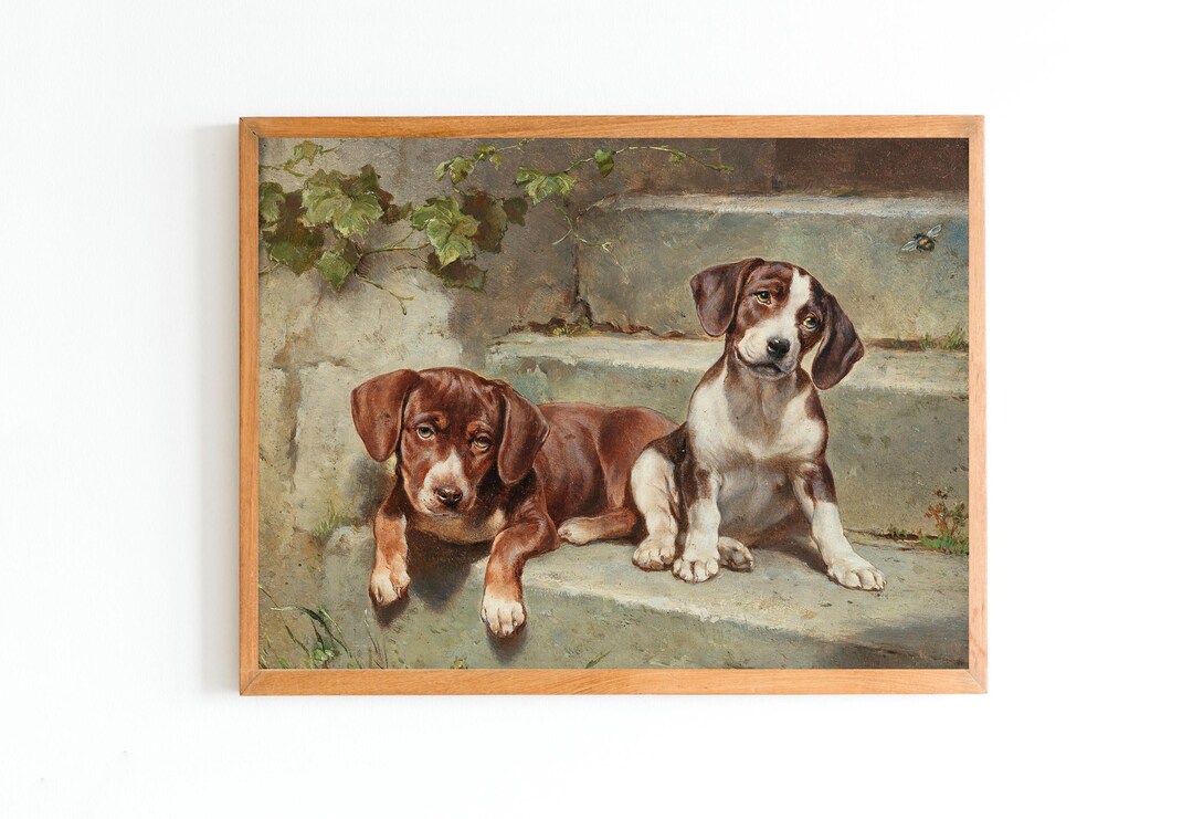 Antique Puppies Oil Painting Art Print | Pet Portrait - Etsy