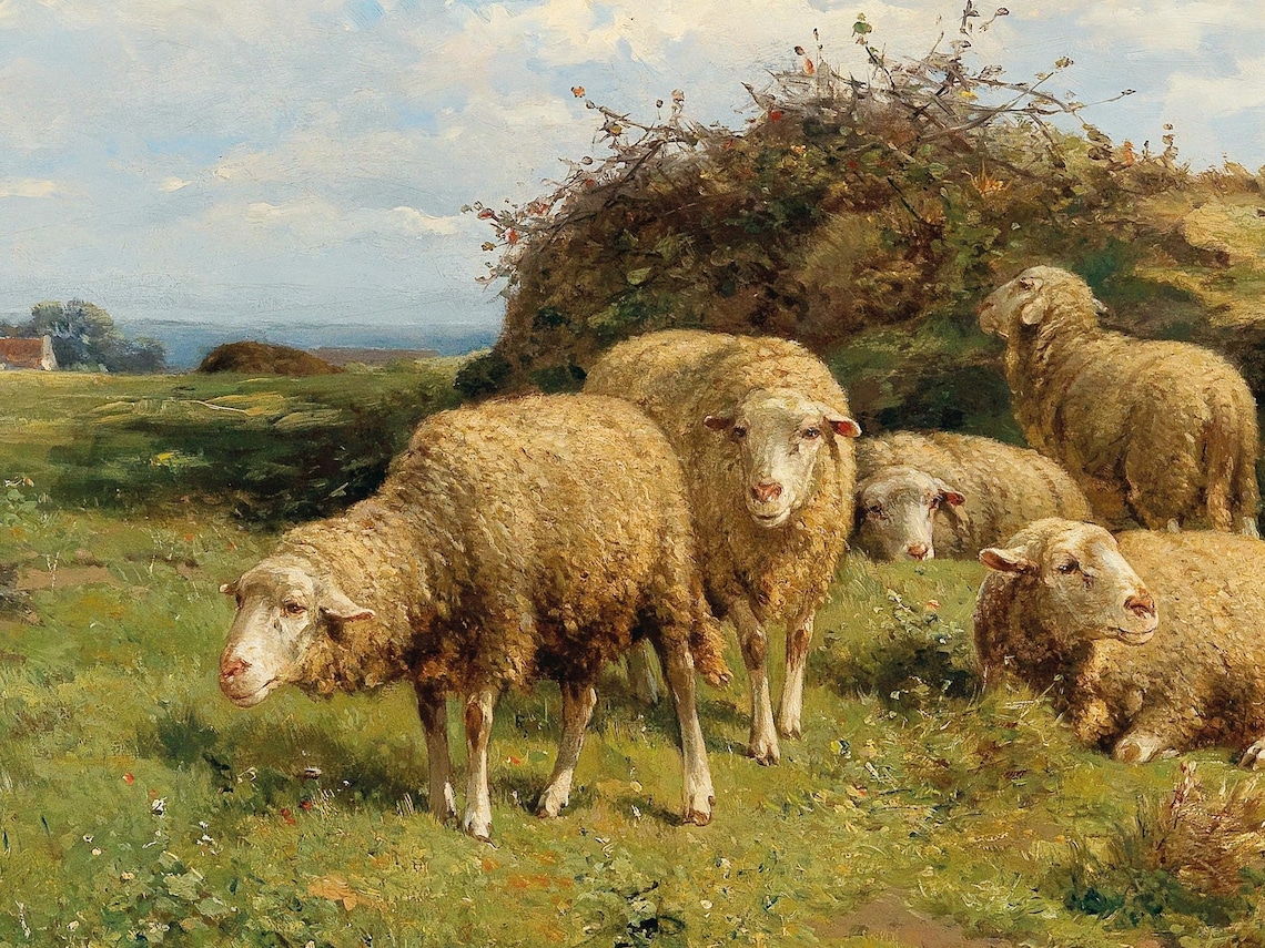 ART PRINT Vintage Farm Animals Oil Painting Sheep in a - Etsy