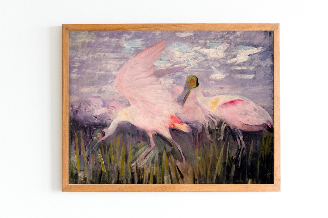 ART PRINT | Vintage Pink Spoonbills Painting | Pink Birds Art Print ...