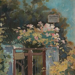 ART PRINT | Vintage Garden Scene Oil Painting | Rose Covered Garden ...