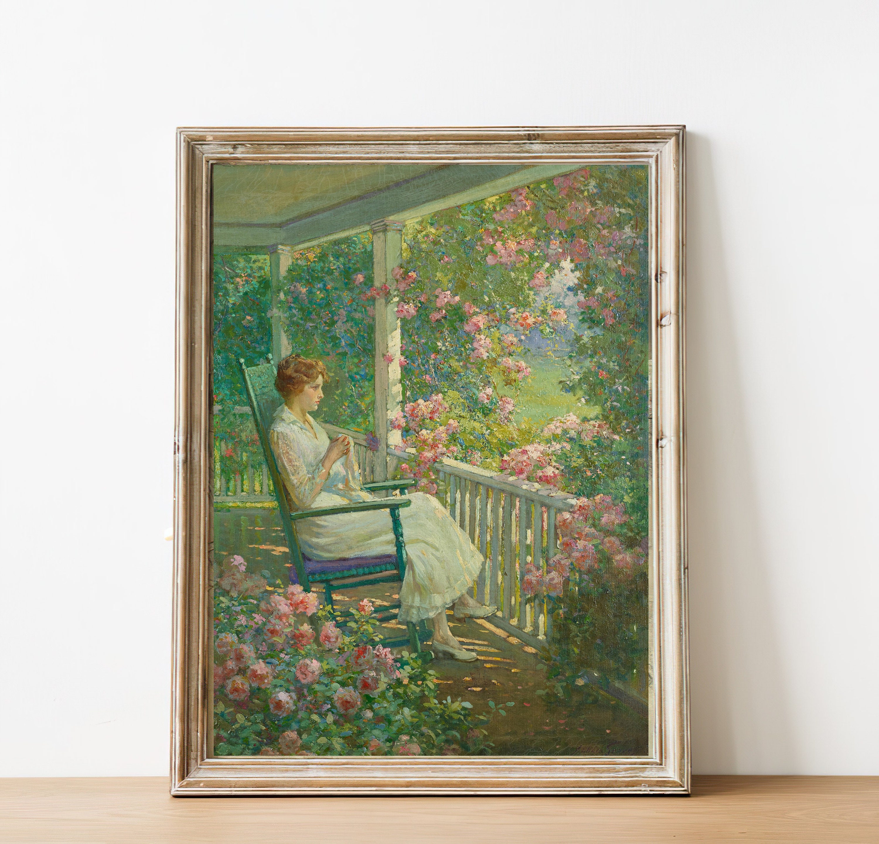 ART PRINT Woman Sitting on the Balcony Roses on the - Etsy