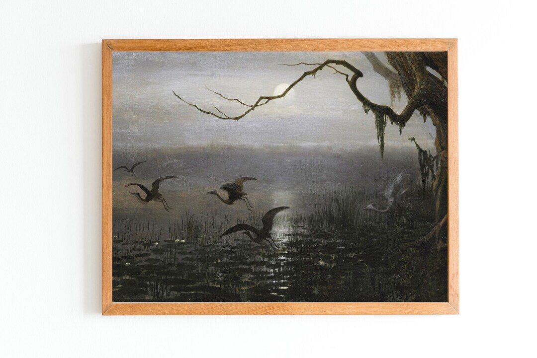ART PRINT | Flight of the Cranes Painting | Moonlit Landscape Art ...