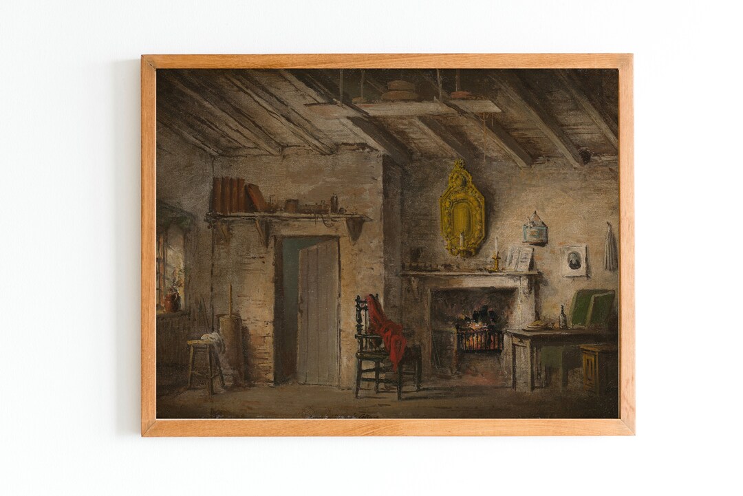 ART PRINT Vintage Interior Scene Oil Painting Old Times Farmhouse Wall ...