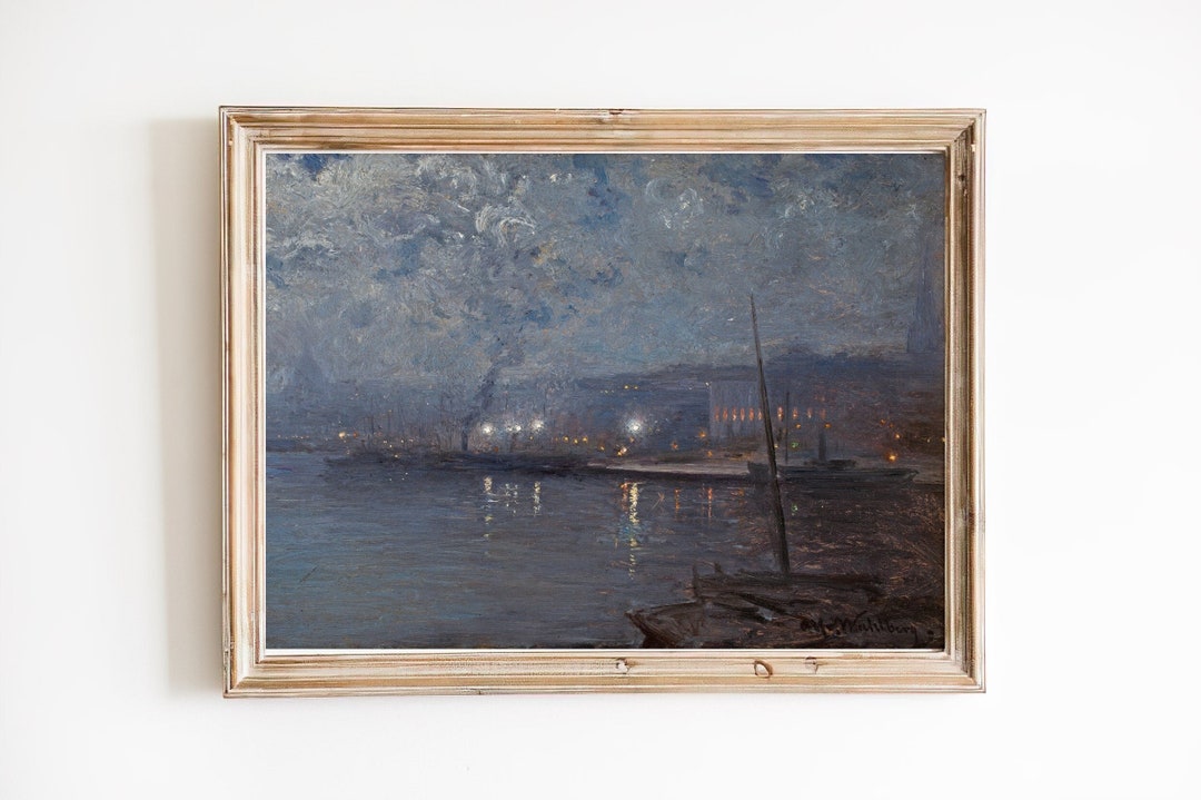 Stockholm at Night Art Print | Vintage Cityscape Oil Painting - Etsy