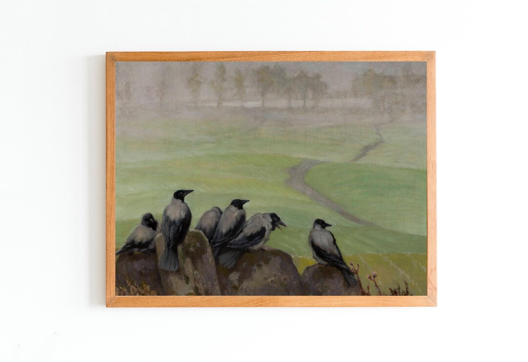 ART PRINT | Crows in the Mist Painting | Vintage Birds Wall Art | Birds ...