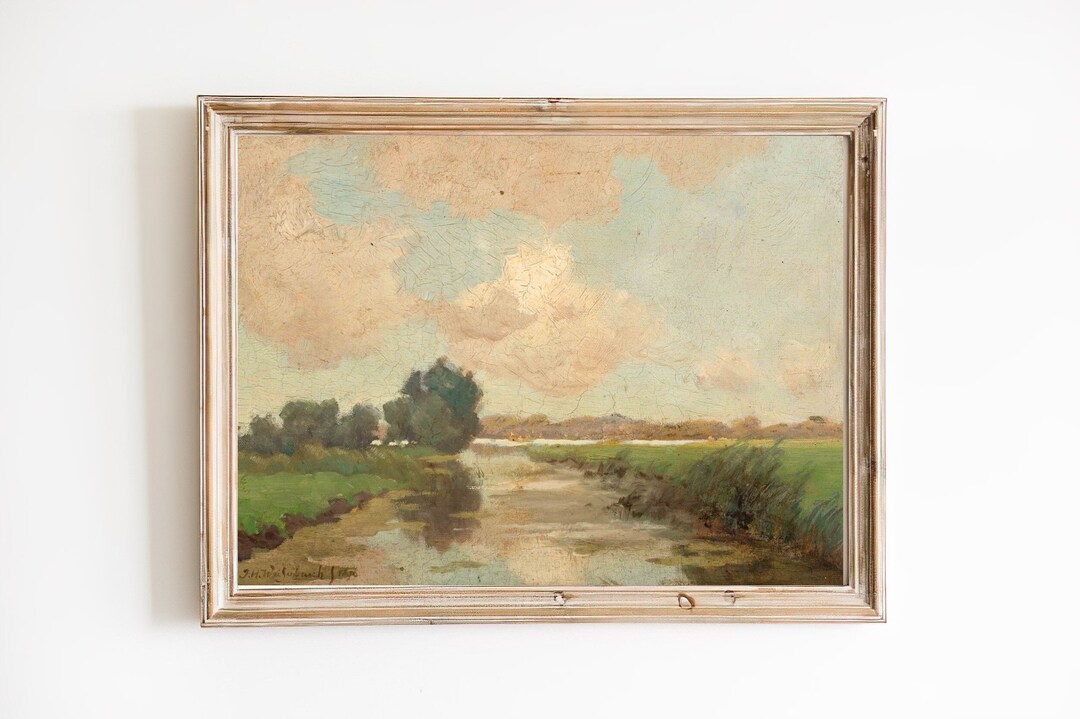 Riverscape Oil Painting Art Print | Vintage Sunset River Home Decor - Etsy