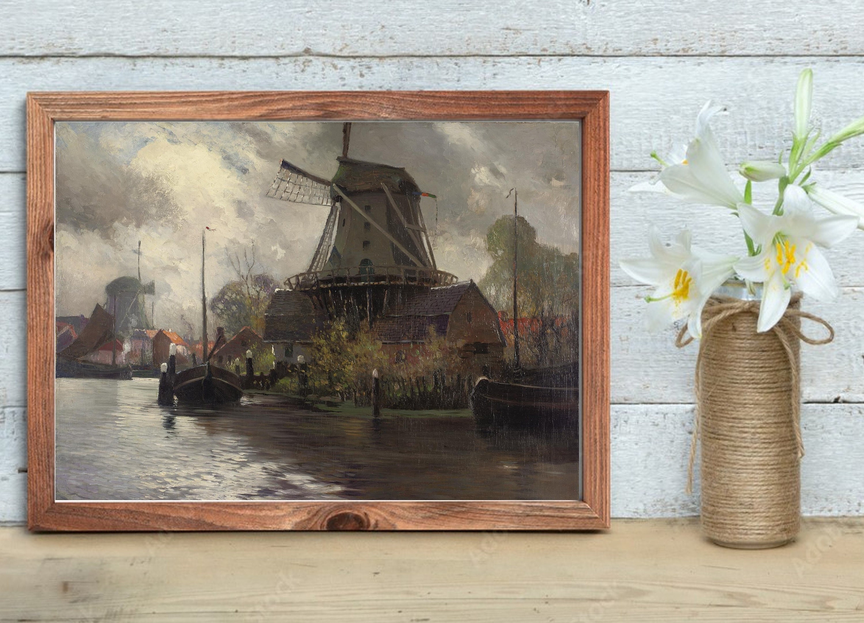 Dutch Windmill Oil Painting Art Print | Vintage Landscape - Etsy