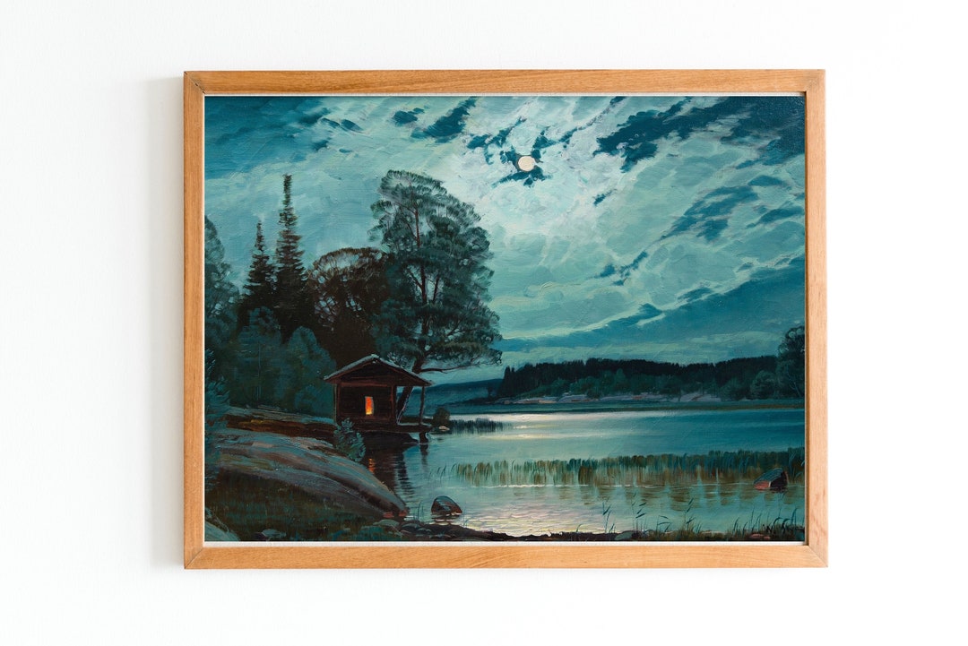 ART PRINT Rustic House on River Shore Oil Painting Magical Night With a ...