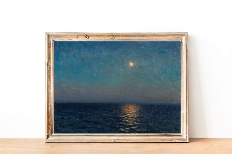 ART PRINT | Vintage Ocean at Night Oil Painting | Calm Waves Wall Art ...