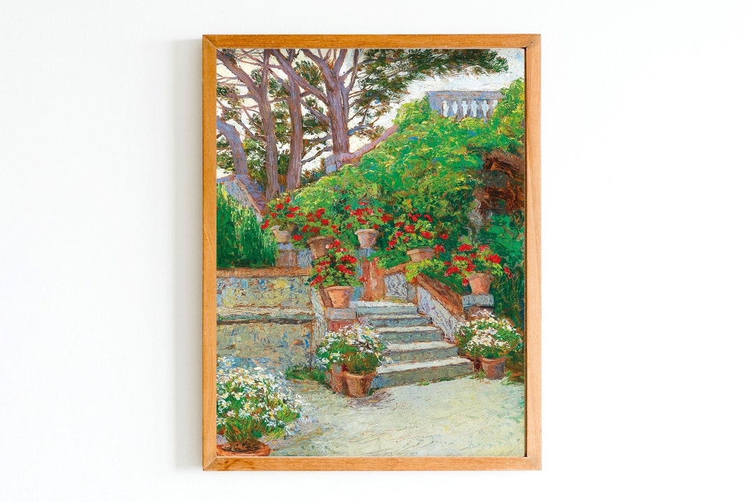 ART PRINT | Vintage Garden Scene Oil Painting | Geraniums Art Print ...
