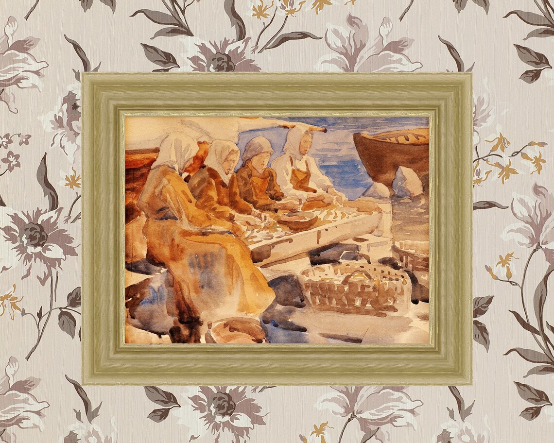 ART PRINT | Vintage Fish Market Scene Watercolor Painting | Antique ...