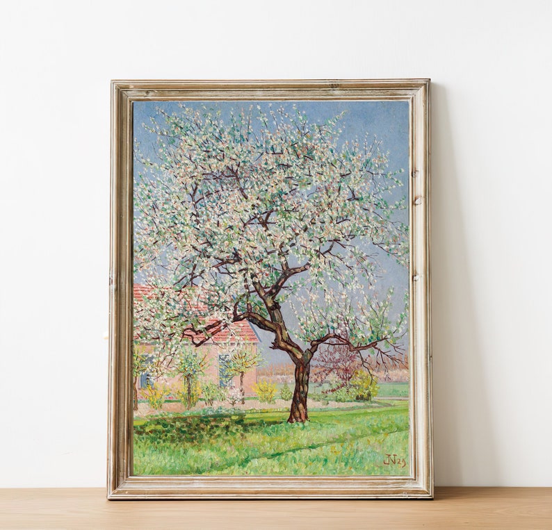 Stampa artistica di un albero in fiore / Dipinto ad olio vintage di un ...