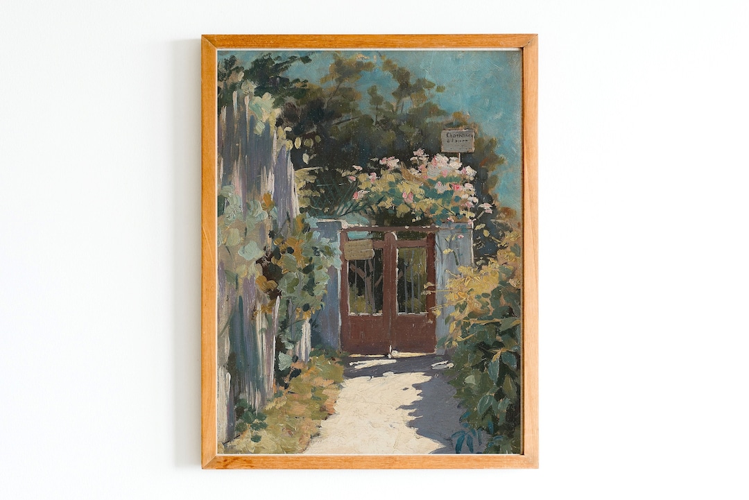 ART PRINT | Vintage Garden Scene Oil Painting | Rose Covered Garden ...