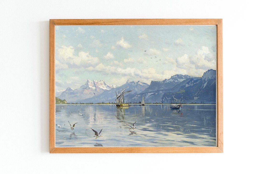 ART PRINT Vintage Lake Geneva Oil Painting Antique Lake Art Birds ...