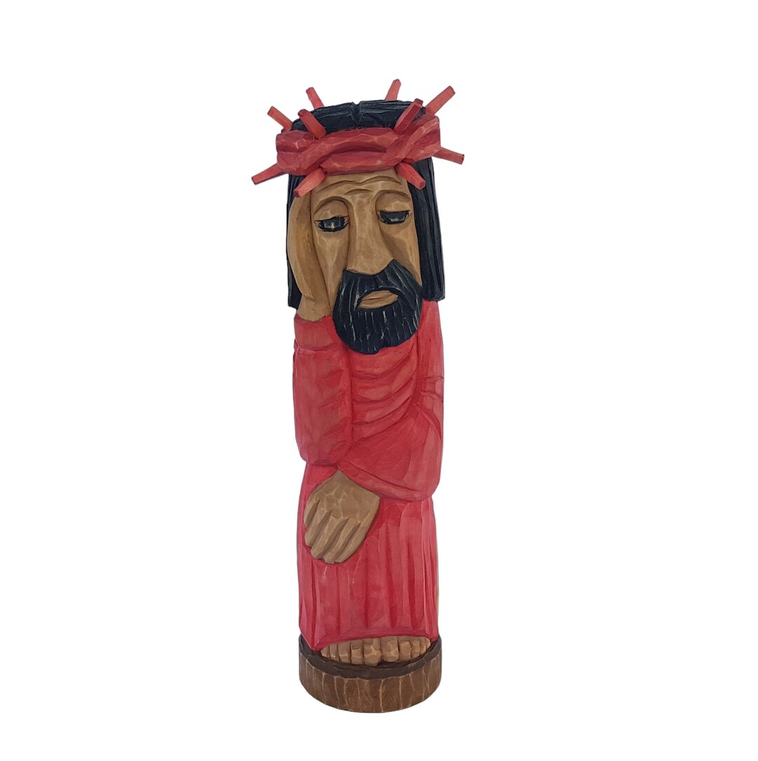 Pensive Christ With Crown of Thorns / Polish Folk Sculpture / Wooden ...