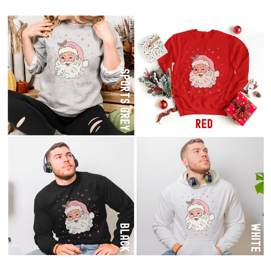 Pink Santa Hat Sweatshirt, Vintage Santa Shirt, Retro Pink Santa Shirt ...