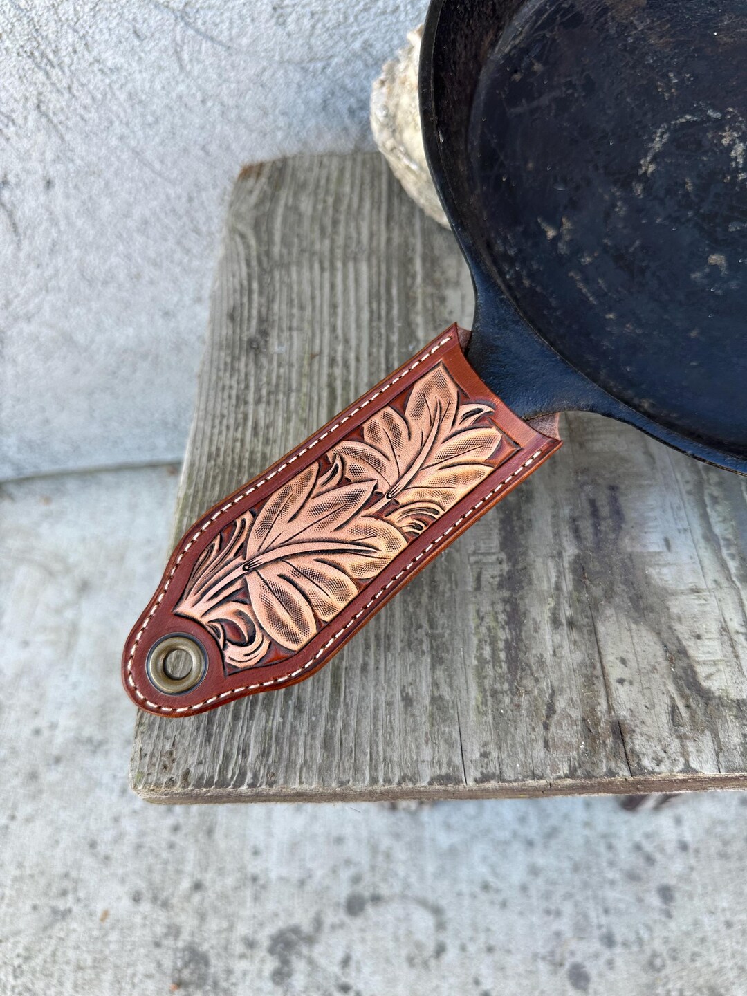 Rustic Tooled Leather Cast Iron Pot Holder | Western Leaf Design ...