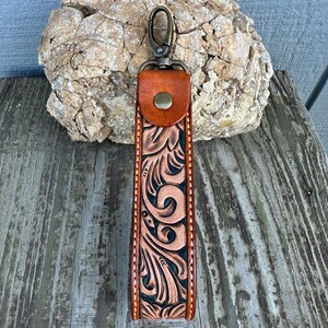 Brown and Dark Teal Lined Floral Leather Wristlet Keychain - Etsy