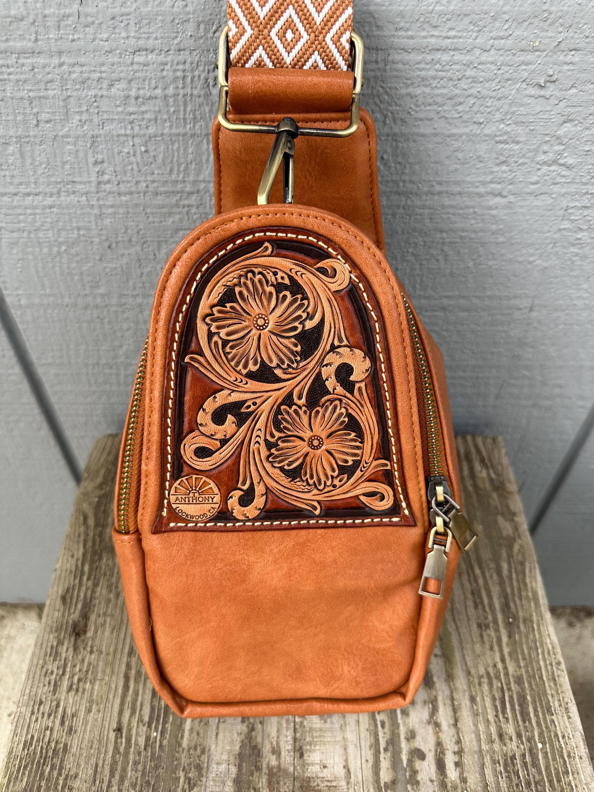 Crossbody Sling Bag Tooled Floral and Scrolls Brown - Etsy