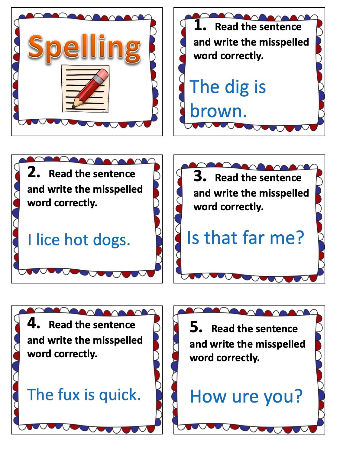 English Language Arts Task Cards to Review Capitalization, Spelling ...