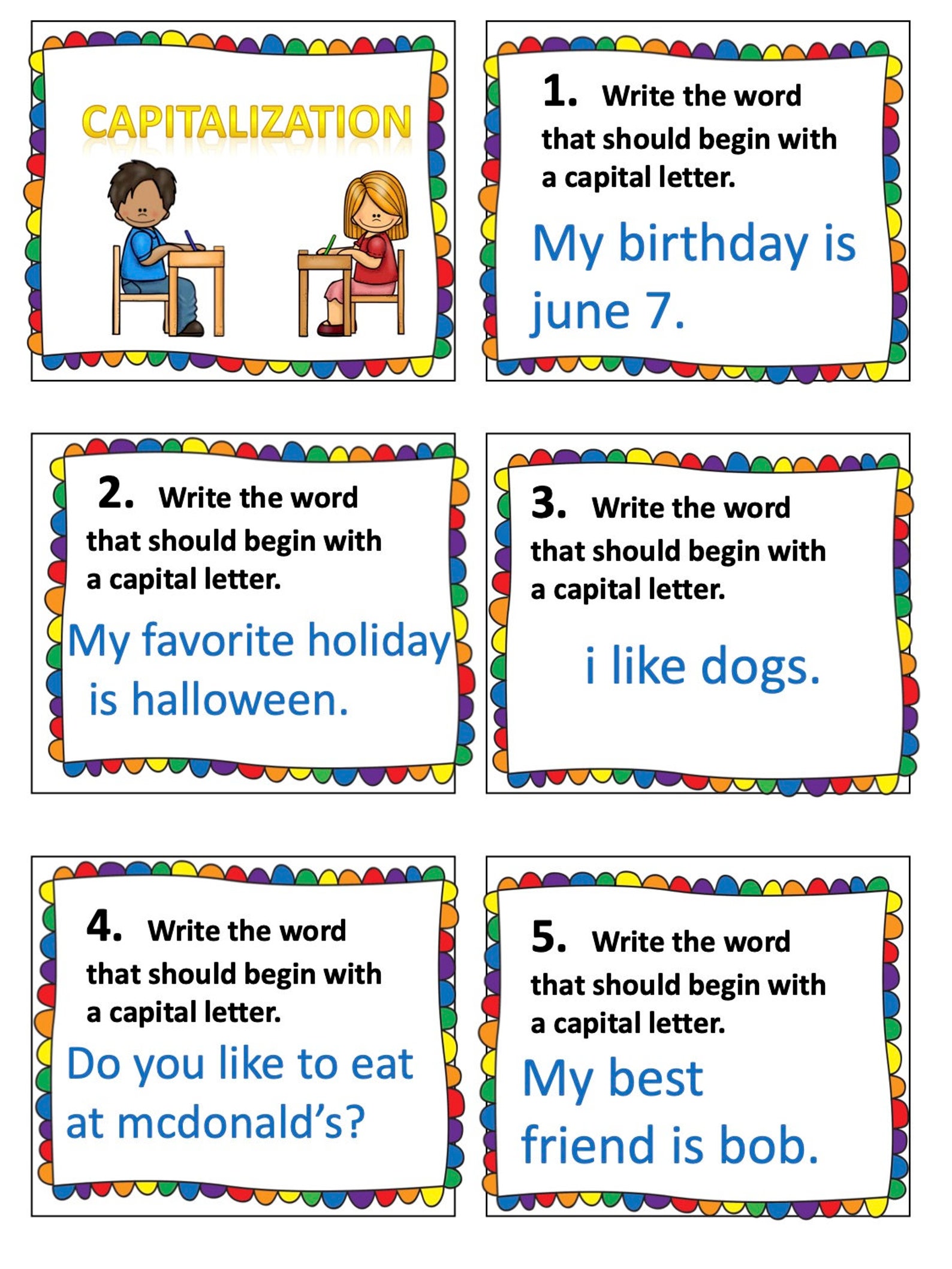English Language Arts Task Cards to Review Capitalization, Spelling ...