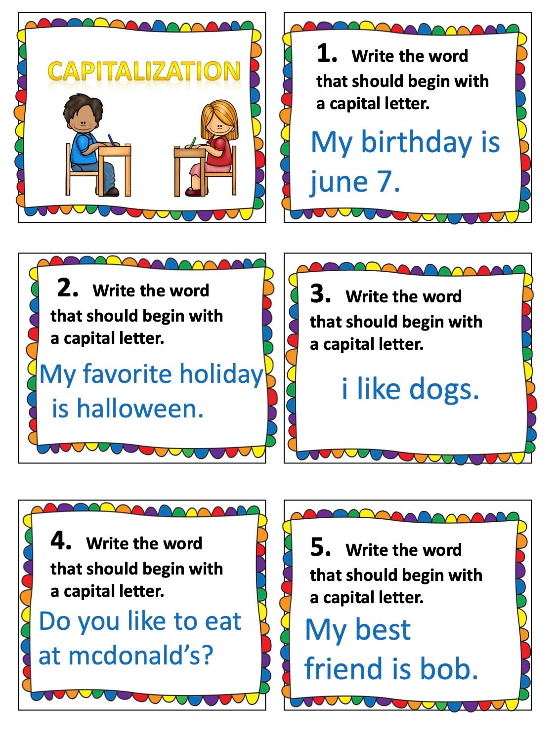 English Language Arts Task Cards to Review Capitalization, Spelling ...