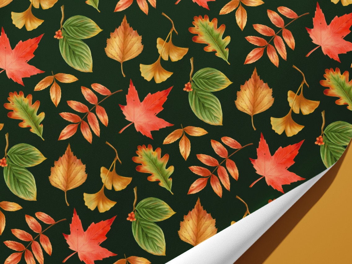 Autumn Leaves Wrapping Paper With Shades of Green Red and - Etsy