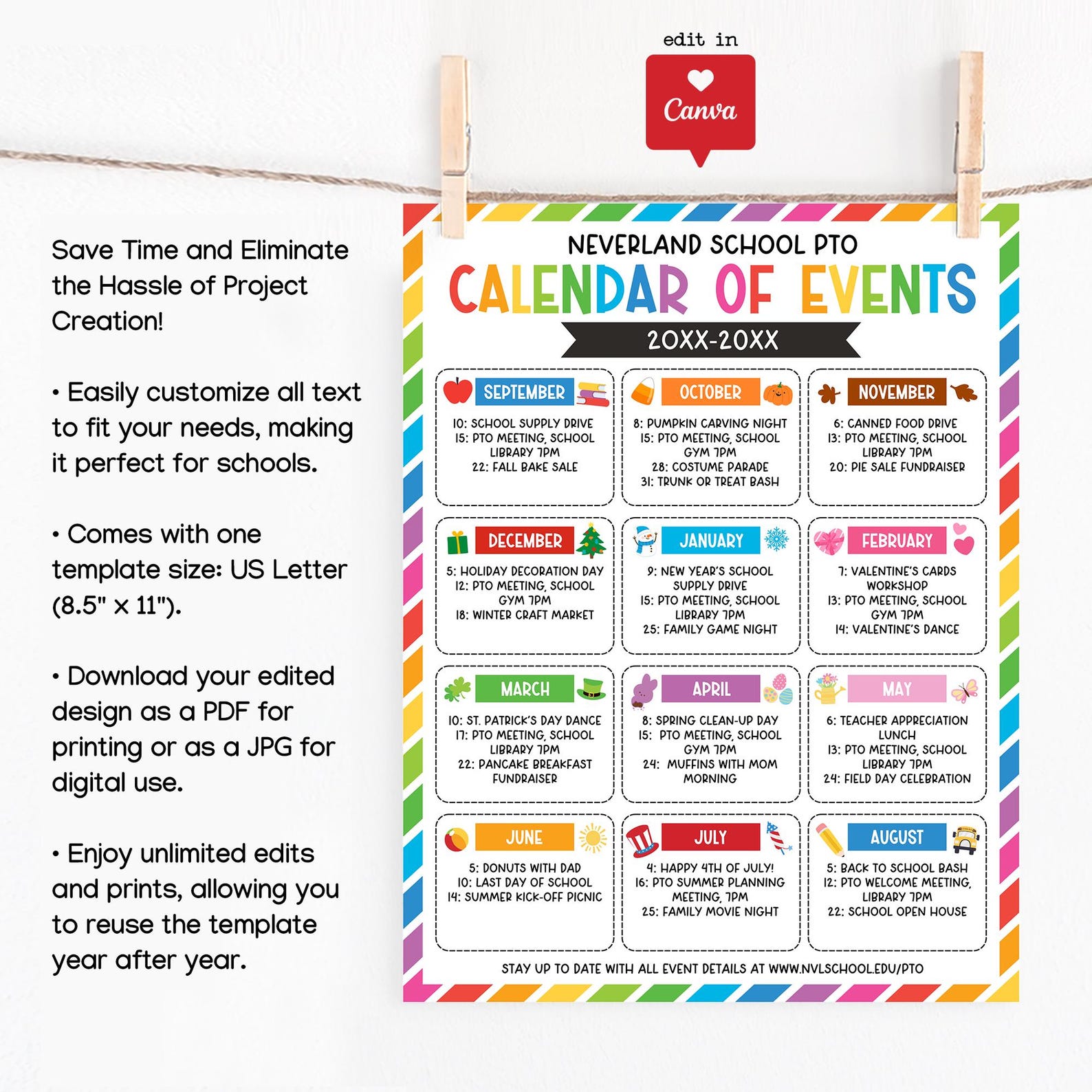 School Calendar Template: PTO PTA Events Planner, Editable Canva Design ...