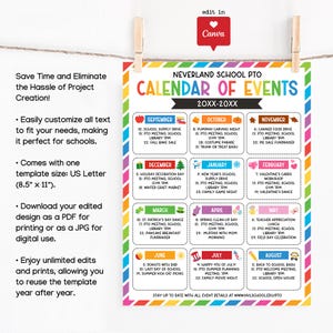 School Calendar Template: PTO PTA Events Planner, Editable Canva Design ...