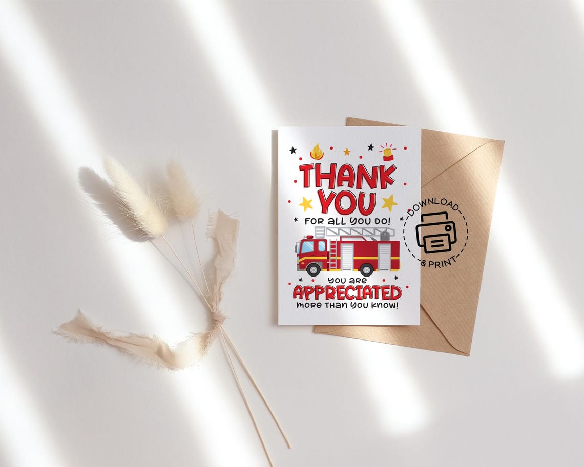 Firefighter Thank You Card: Fire Truck Design (PDF) - Etsy