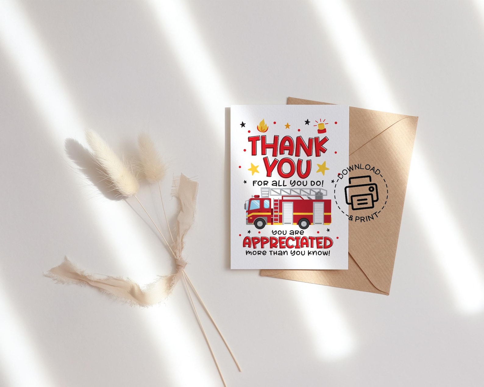 Firefighter Thank You Card: Fire Truck Design (PDF) - Etsy