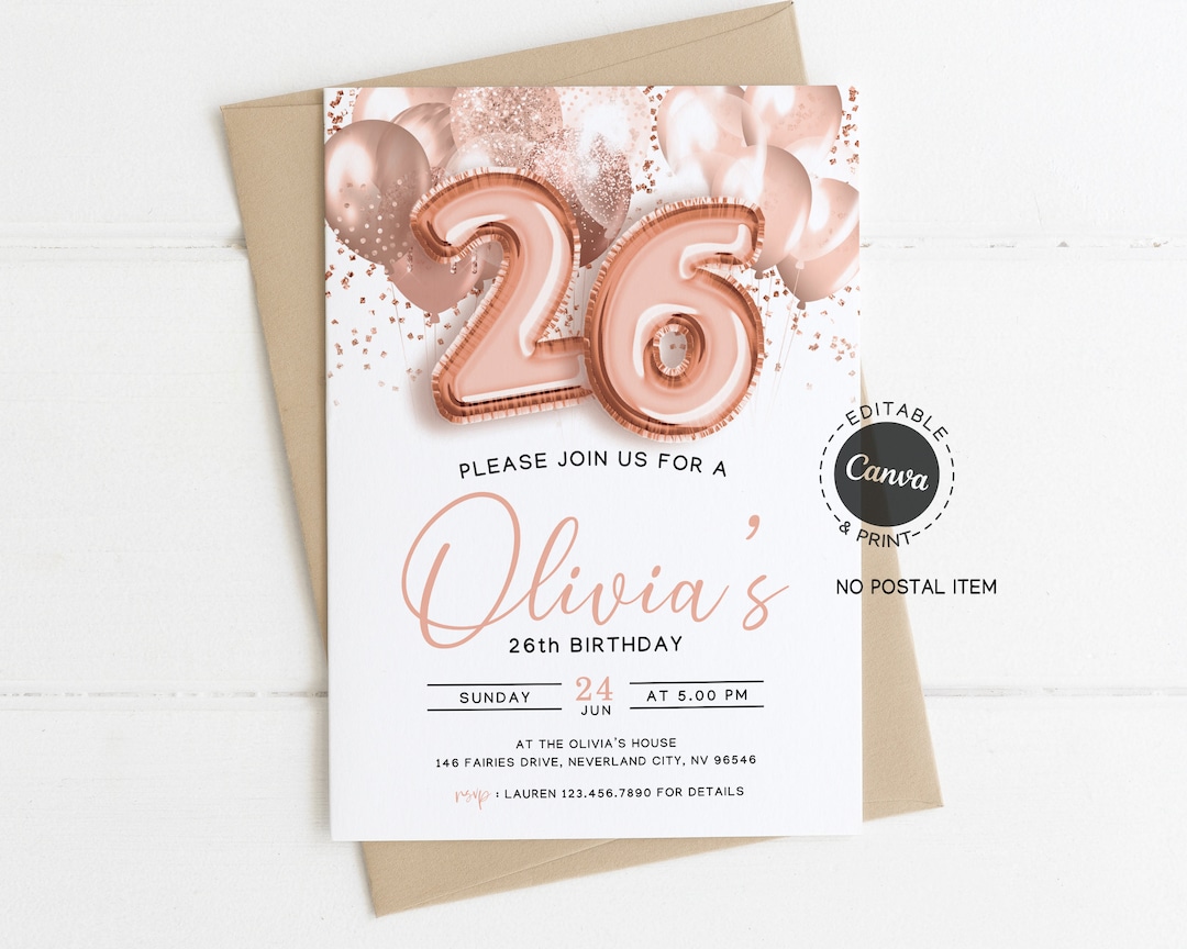 26th Birthday Invitation Download, Printable Rose Gold Birthday ...