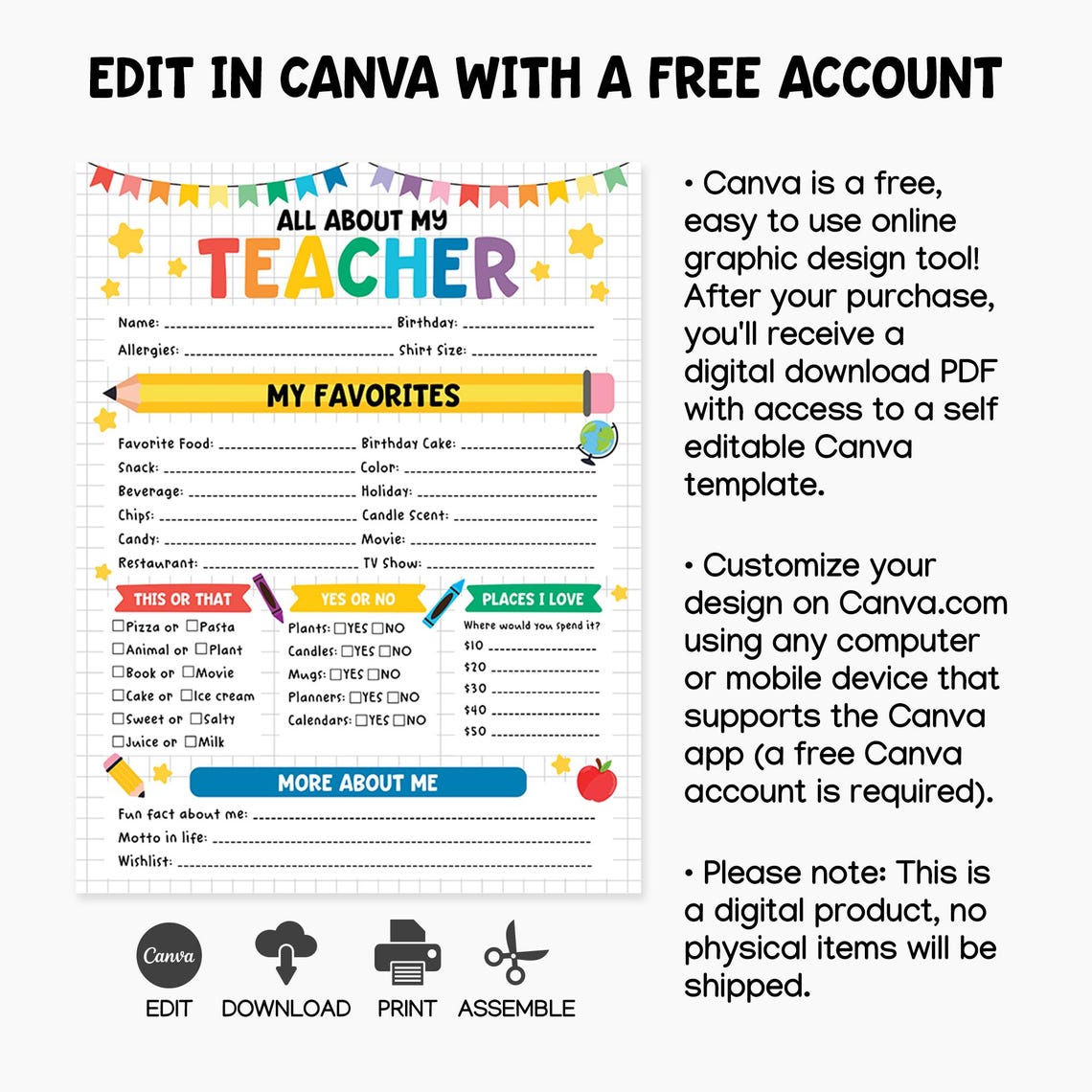 Teacher Favorite Things List Printable: Back to School Gift ...