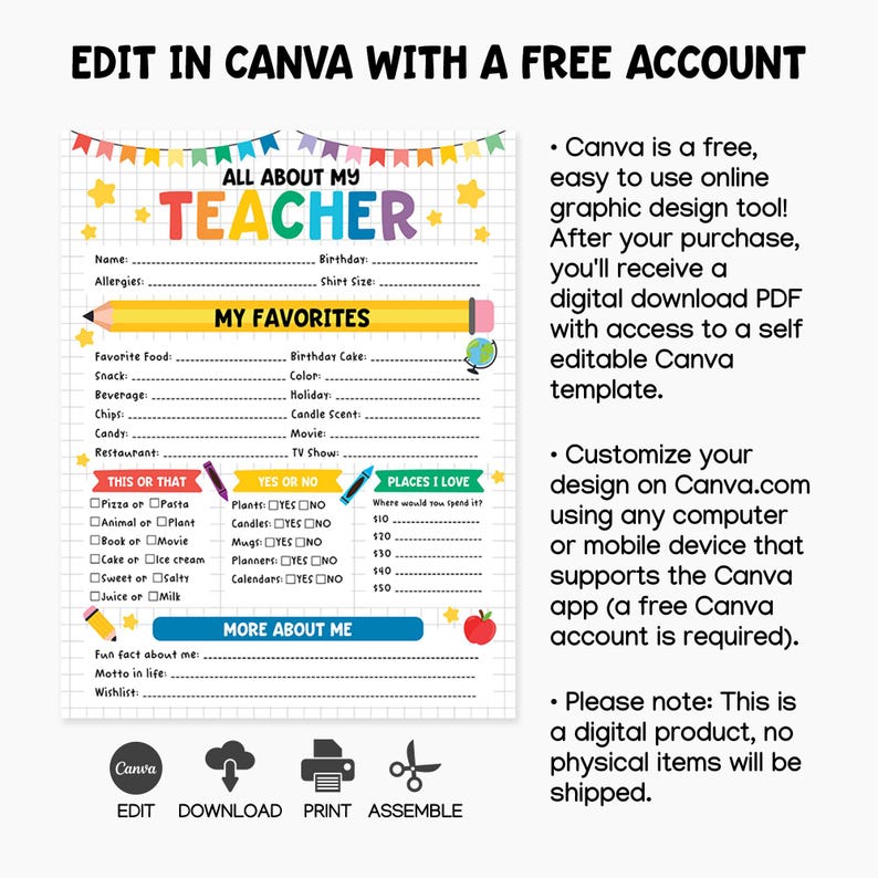 Teacher Favorite Things List Printable: Back to School Gift ...