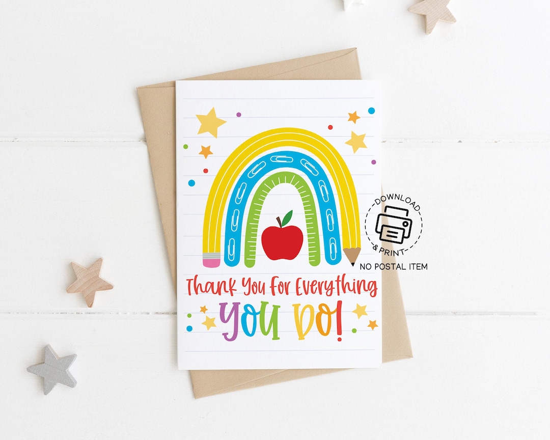 Rainbow Teacher Appreciation Card Printable, Thank You for Everything ...