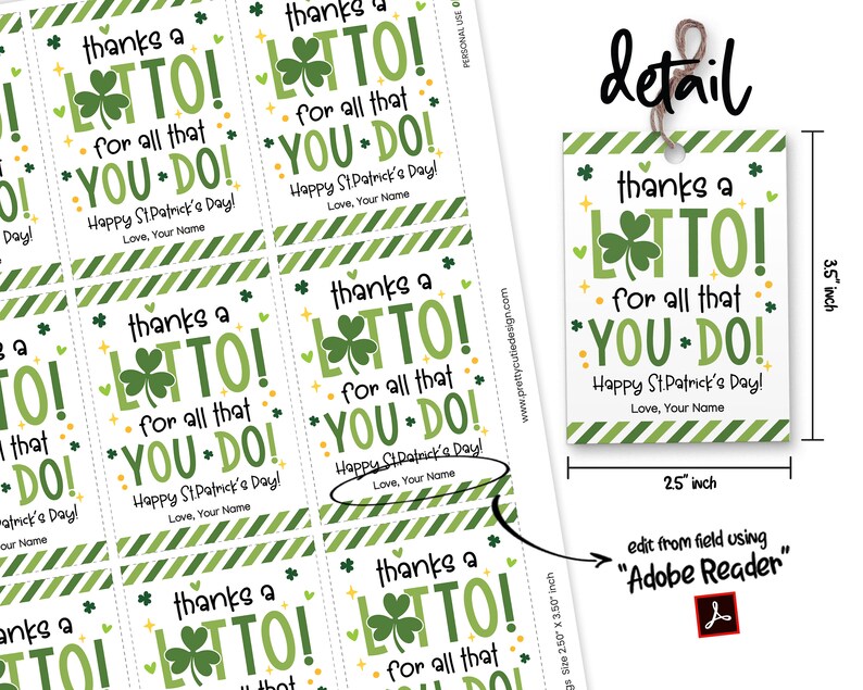 Thanks A Lotto St Patricks Day Tag, Teacher St Patricks Day Gift Tag ...