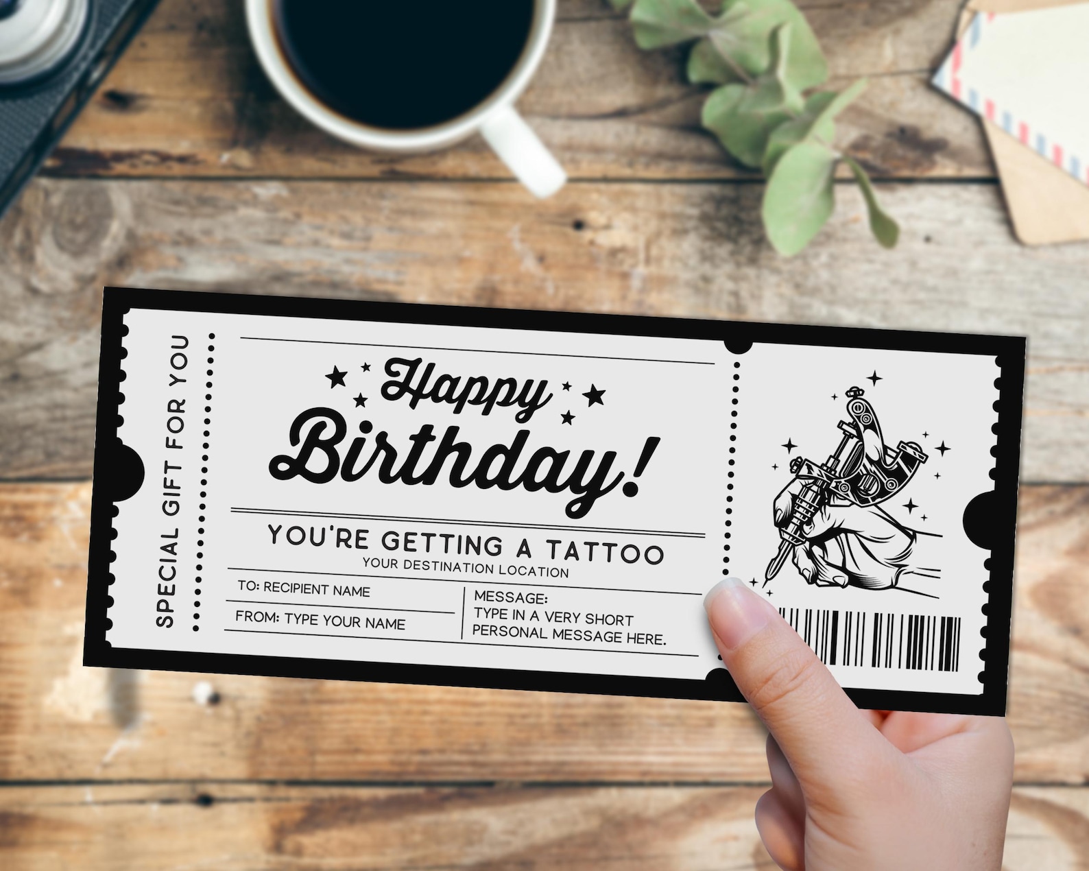 Tattoo Gift Certificate Editable Template, Birthday Surprise Ticket ...