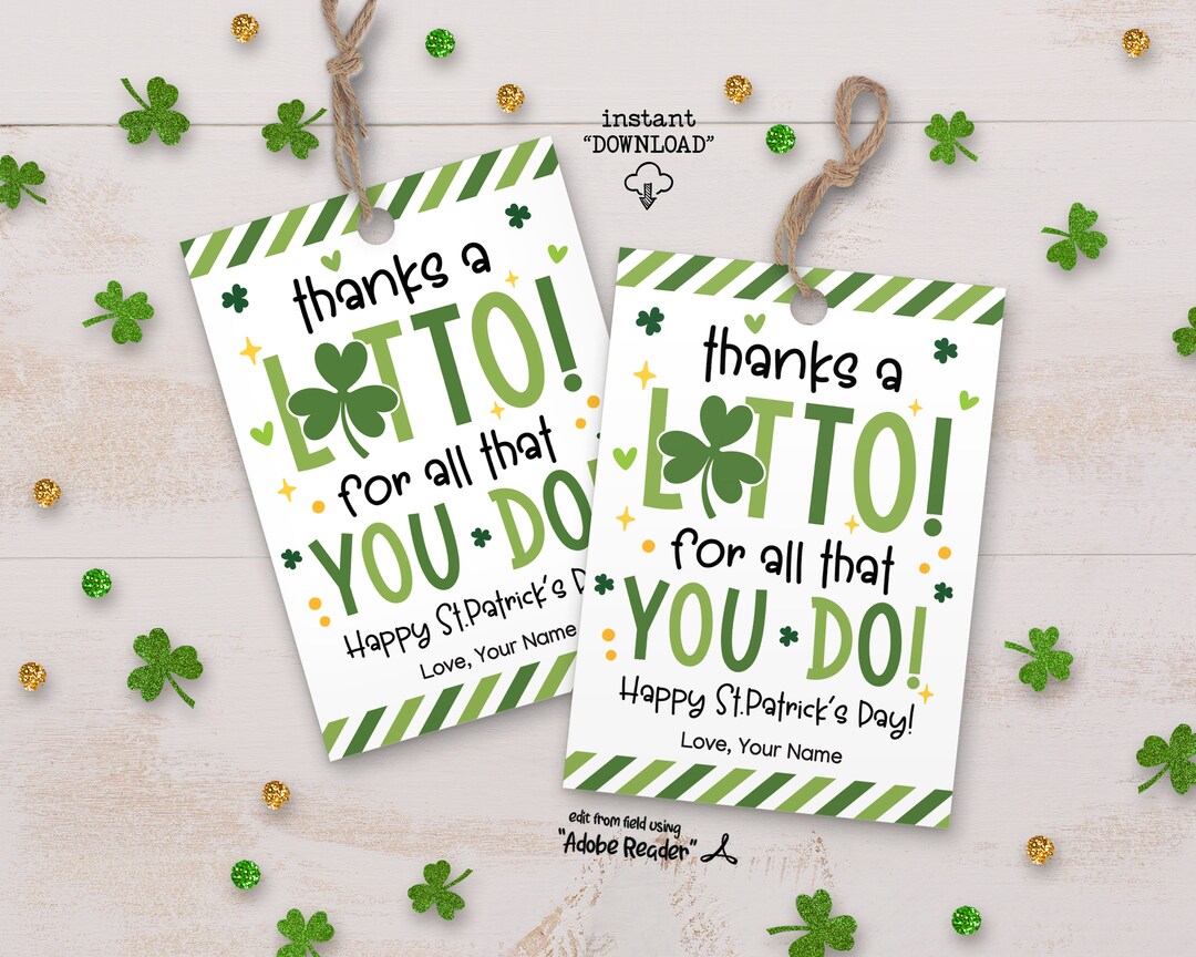 Thanks A Lotto St Patricks Day Tag, Teacher St Patricks Day Gift Tag ...