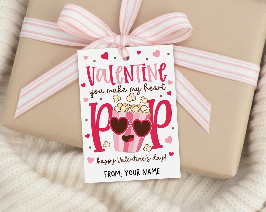 Popcorn Valentine Gift Tag, Heart Pop Printable, Movie Night School ...