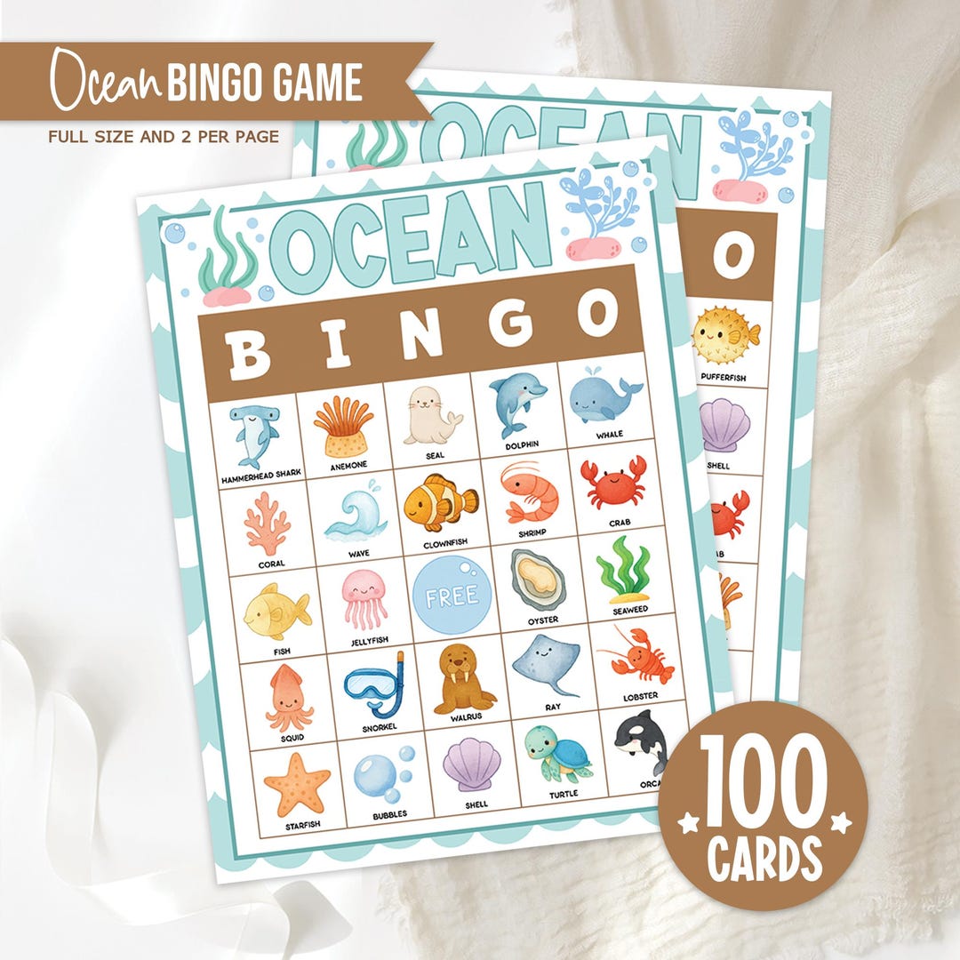 Ocean Bingo Game Printable, 100 Sea Animal Bingo Cards for Kids, Under ...