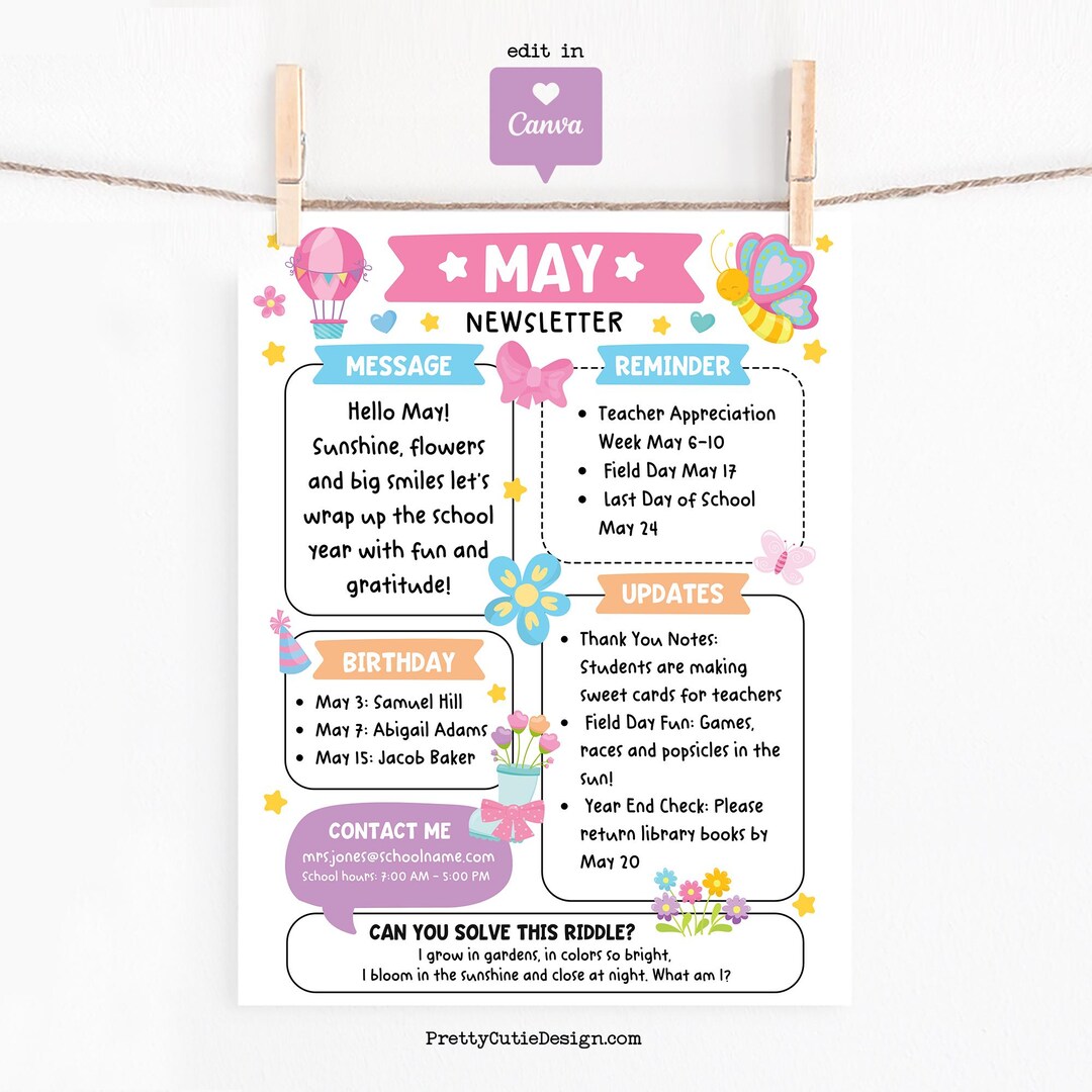 May Classroom Newsletter Template, Editable Monthly School Newsletter ...