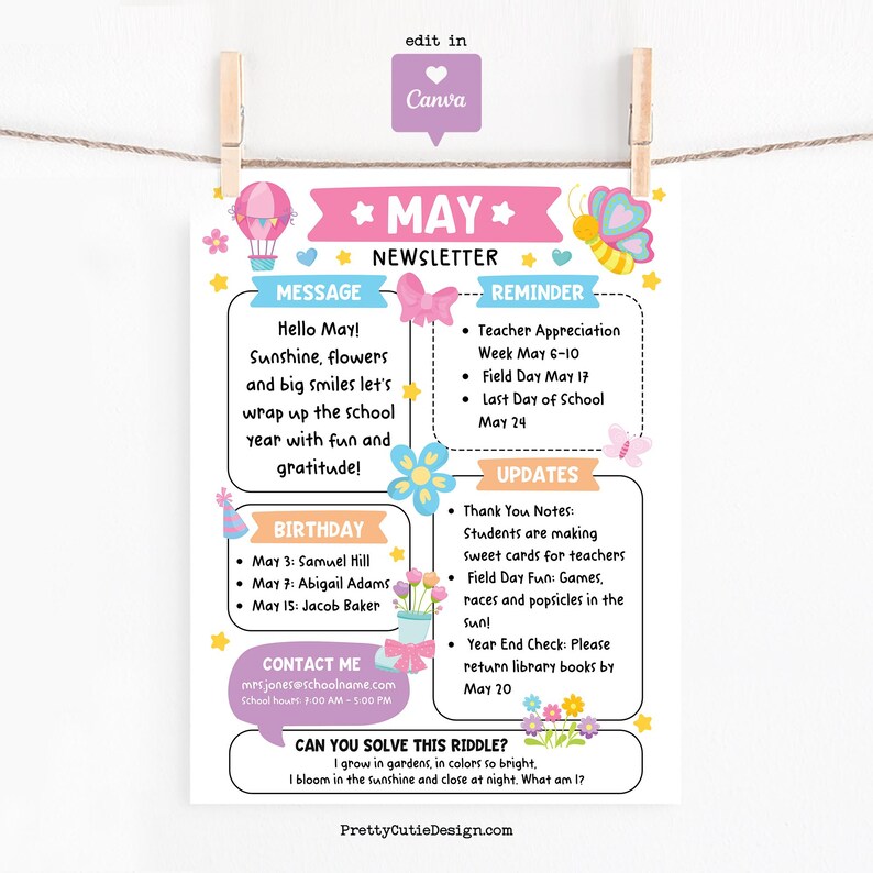 May Classroom Newsletter Template: Editable Spring Teacher Updates ...